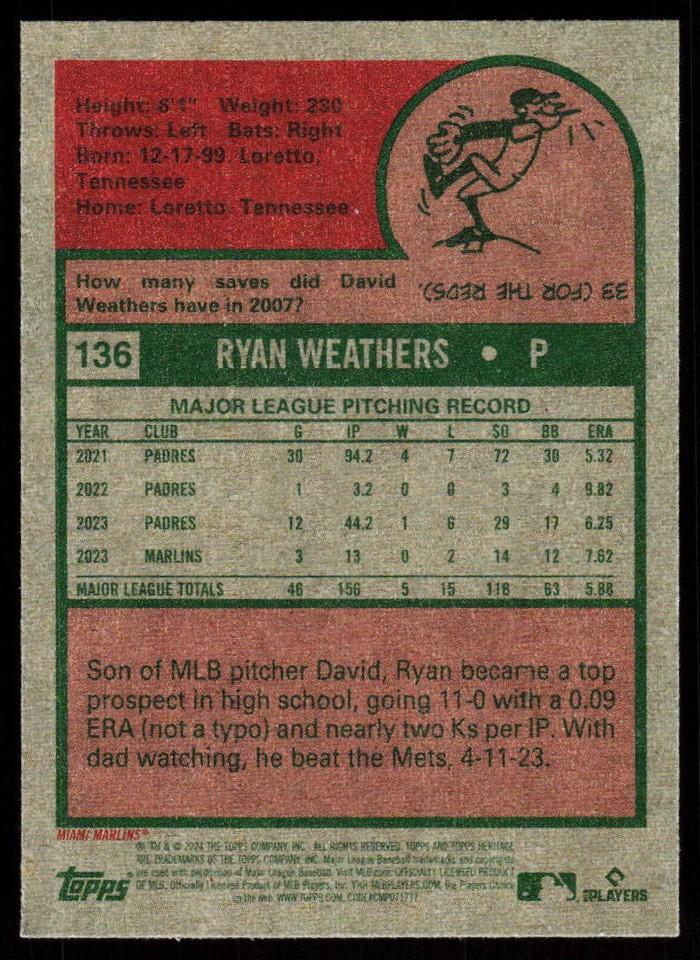 2024 Topps Heritage Ryan Weathers #136 BASEBALL Miami Marlins | eBay