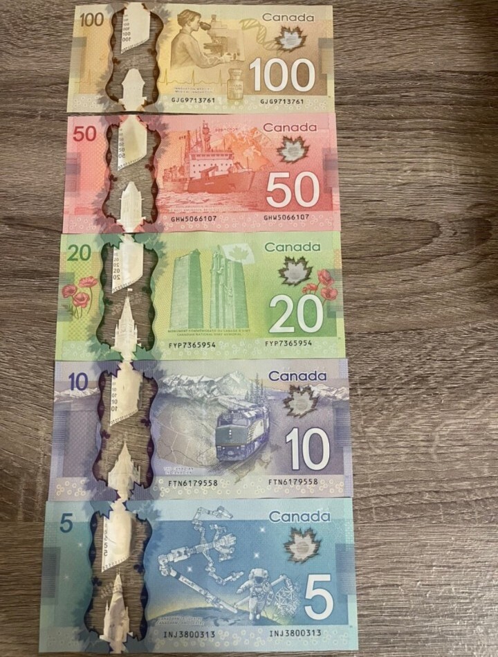100-50-20-10-5 Dollars Canada Polymer Circulated. 5 Banknotes Canadian ...