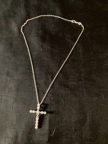 NECKLACE: WOMENS STERLING SILVER JESUS CHAIN CROSS SHINY CUBIC ZIRCONIA ...