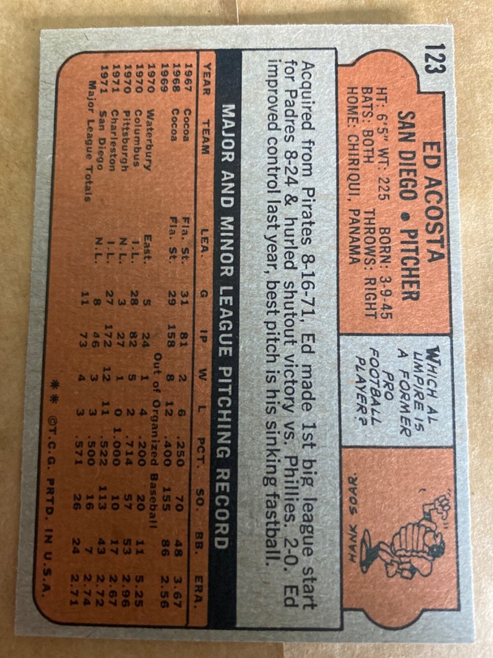 1972 Topps Baseball stunning set break #123 Ed Acosta MINT? | eBay