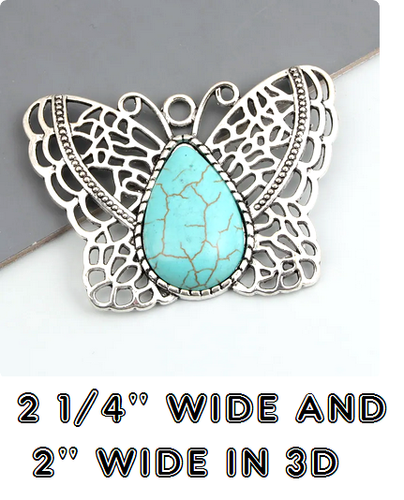 Large BUTTERFLY TURQOISE AQUA STONE Pendant On 26" 925 Sterling Silver ...