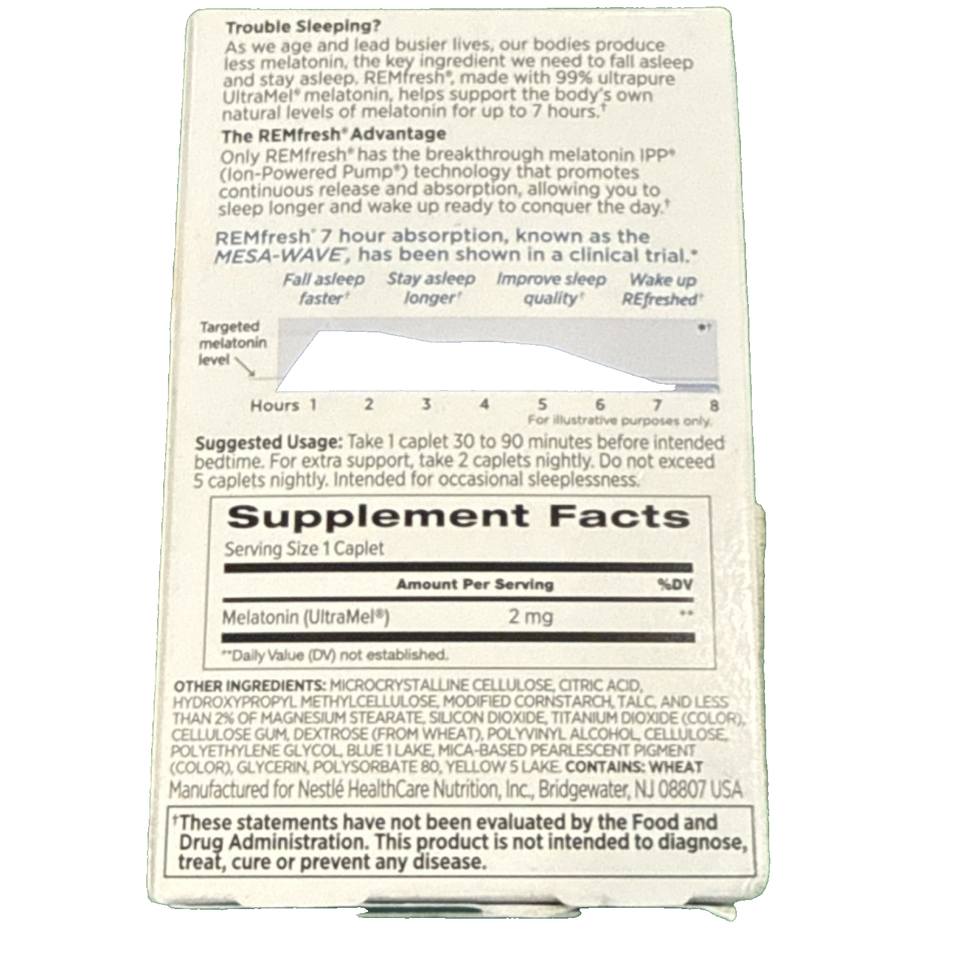 REMfresh Melatonin 2mg 36 Caplets Sleep Support Supplement Adult 3/2025 ...