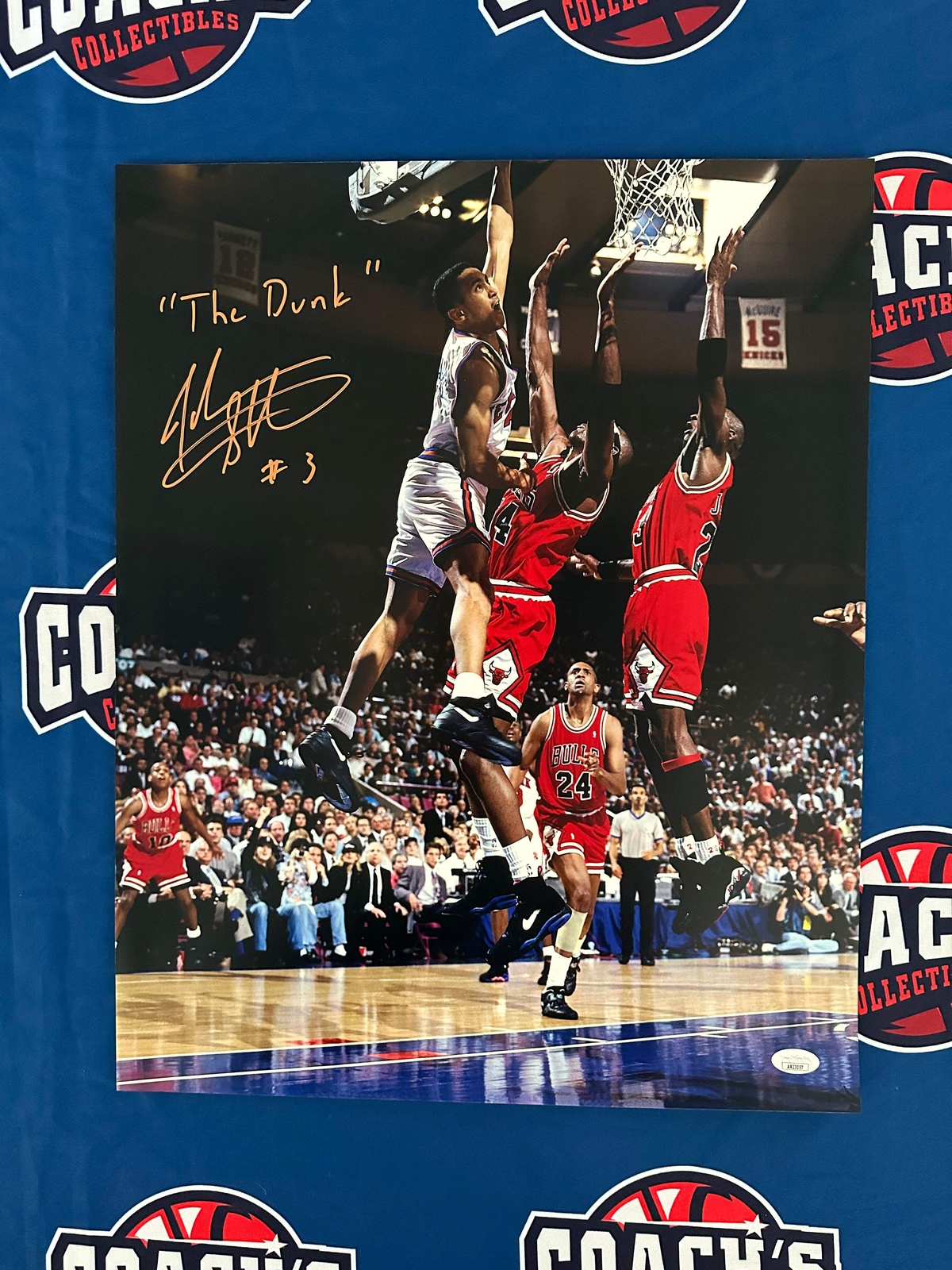 John Starks Autographed The Dunk 16x20 Photo with The Dunk Inscription ...
