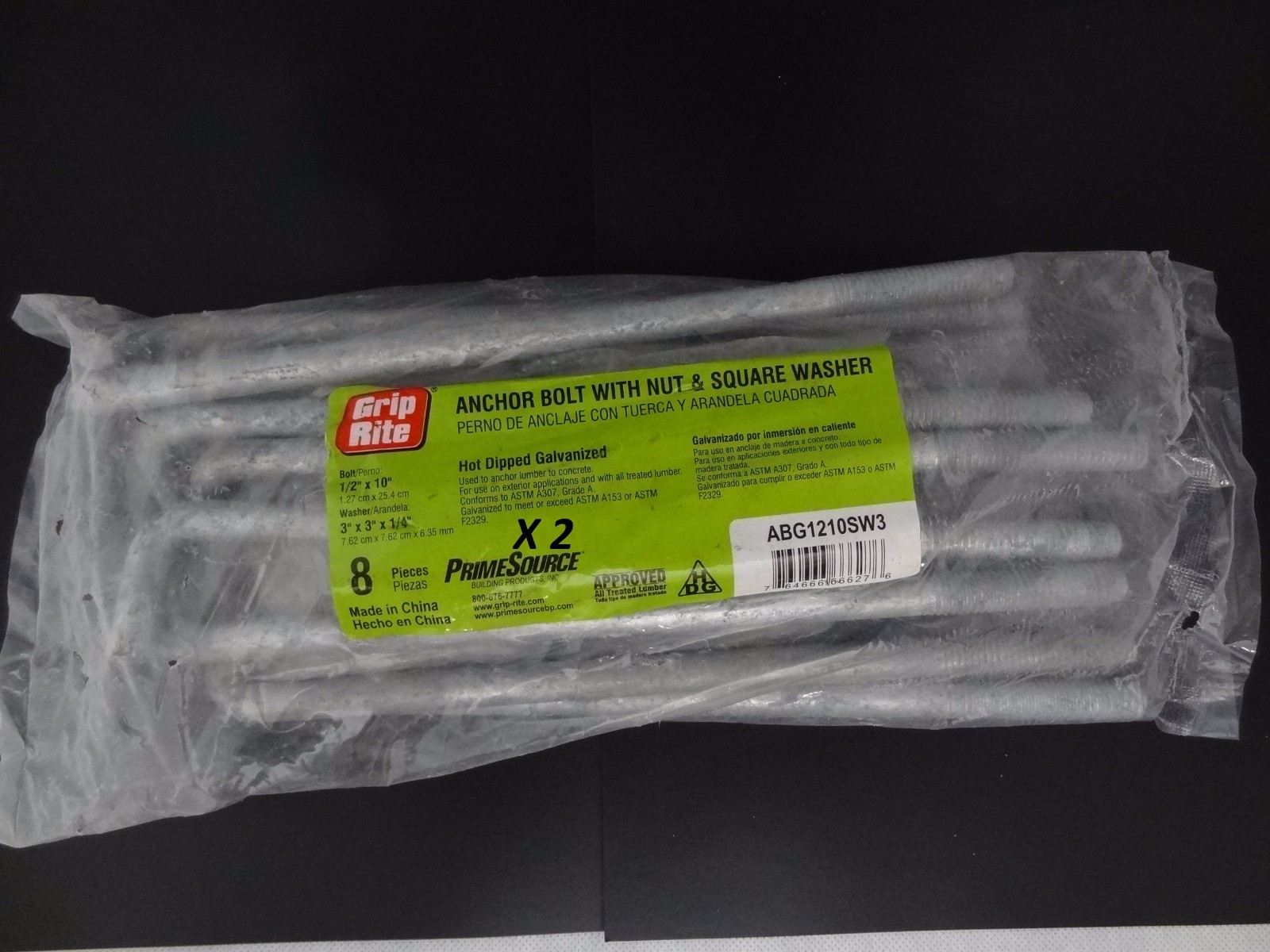 16 Pieces Grip Rite Anchor Bolt 1/2" x 10" with Nut & Square Washer 3 ...