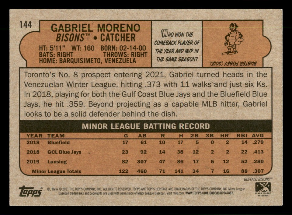 2021 Topps Heritage Minor League Gabriel Moreno #144 Buffalo Bisons | eBay