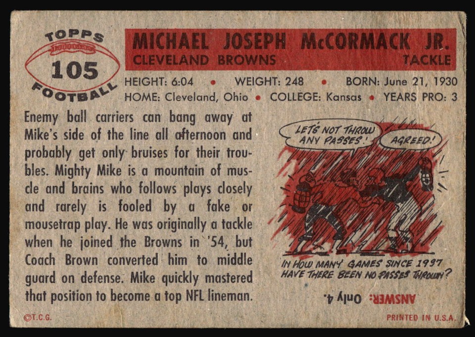 1956 Topps Mike McCormack #105 Cleveland Browns | eBay