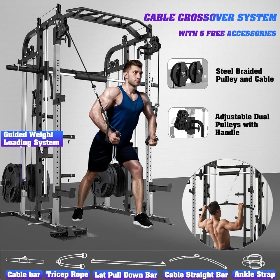 Smith Machine, Multifunctional Power Cage Rack with Smith Bar and Cable ...