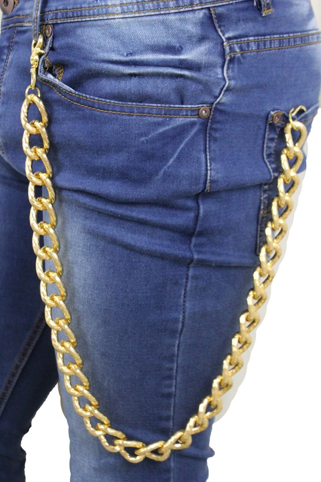 Men Gold Long Wallet Chain Metal Textured Link KeyChain Chunky Jean ...
