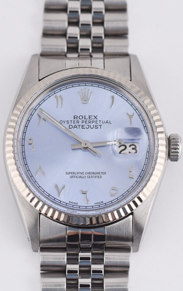 Rolex Datejust 16014 Ice Blue Eastern Arabic Dial 36mm Watch 18K Gold ...