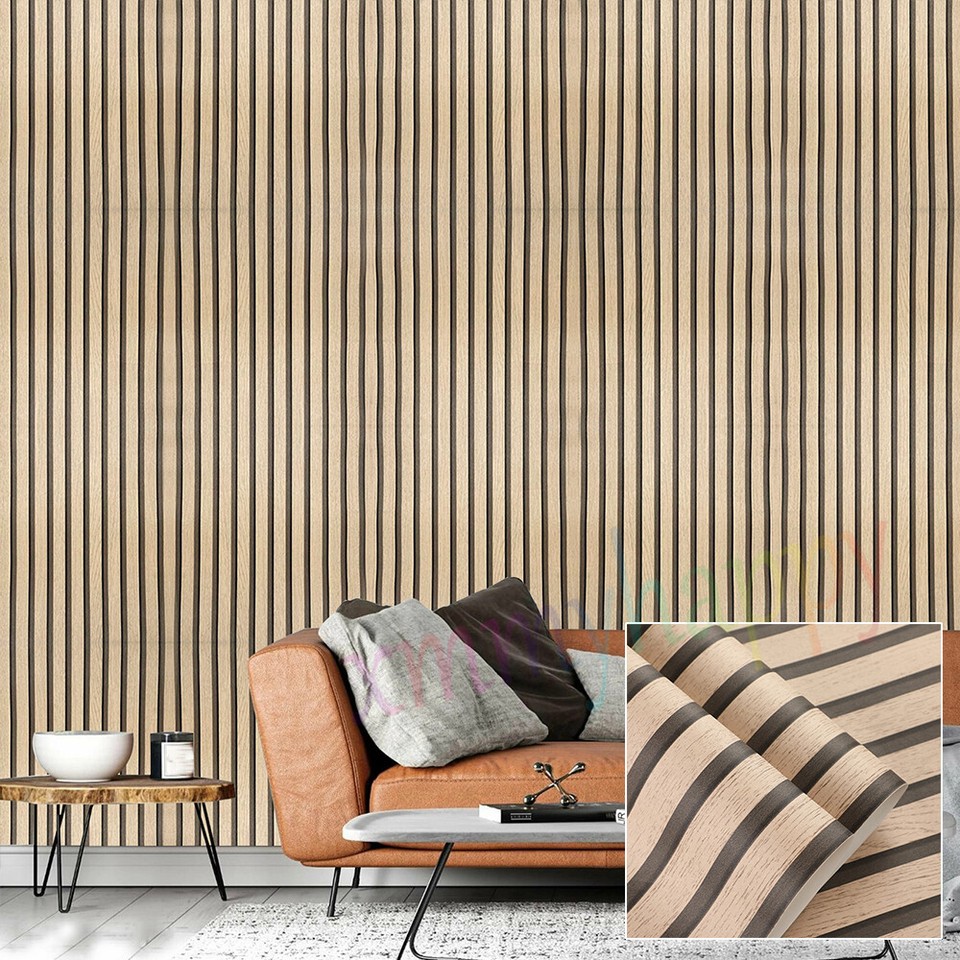 Wooden Slat Panelling Wallpaper 3D Wood Panel Effect Stripe Home Room ...