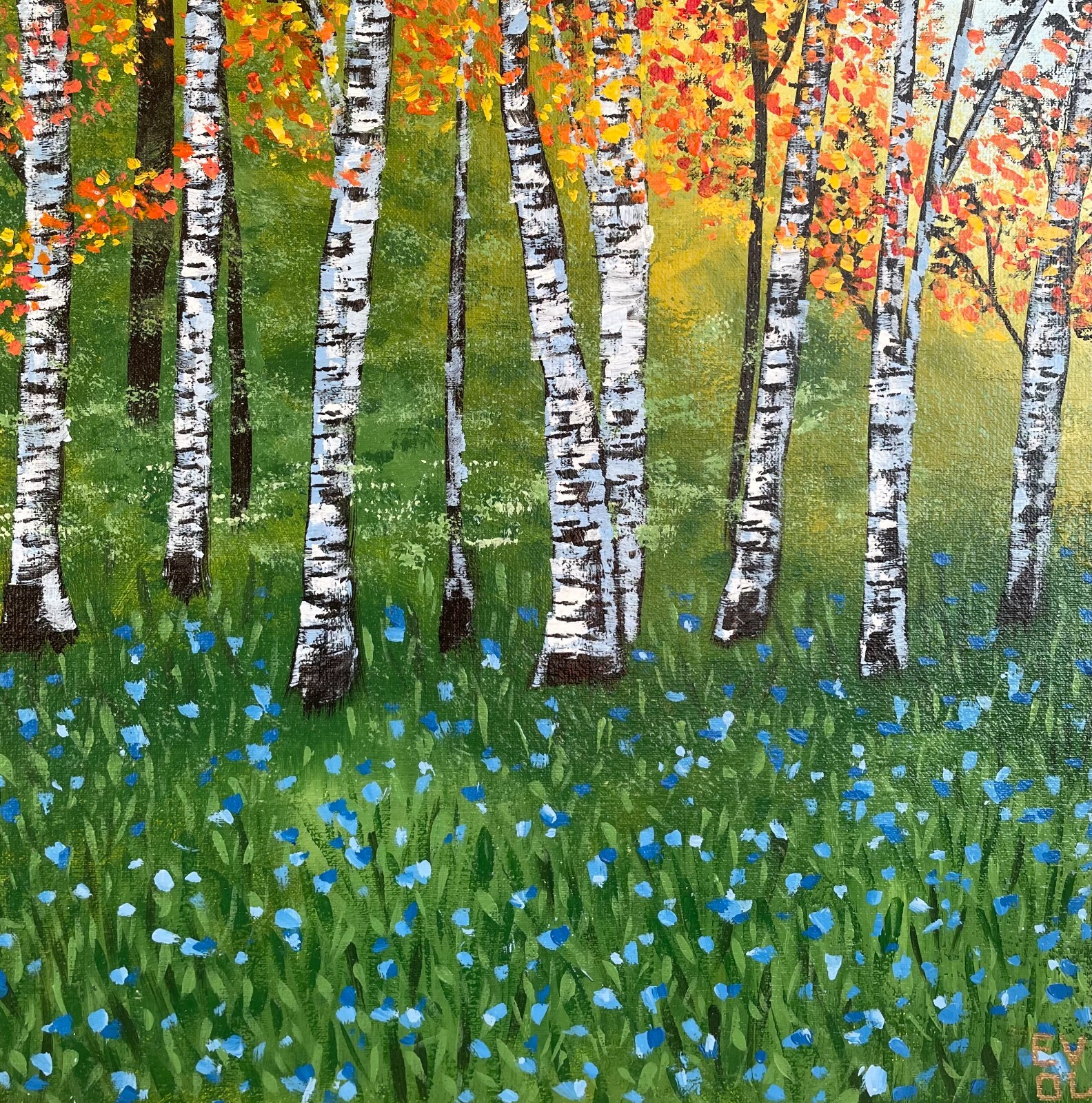 Original acrylic painting, birch grove painting, summer landscape, wood ...