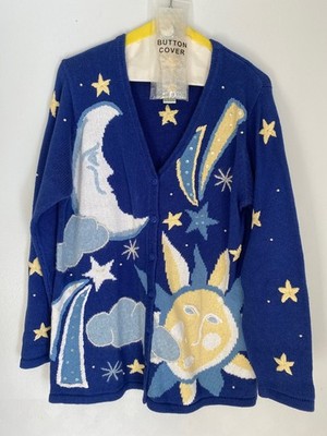 Vintage Quacker Factory Celestial Moon, Stars, and Sun Cardigan Size M ...