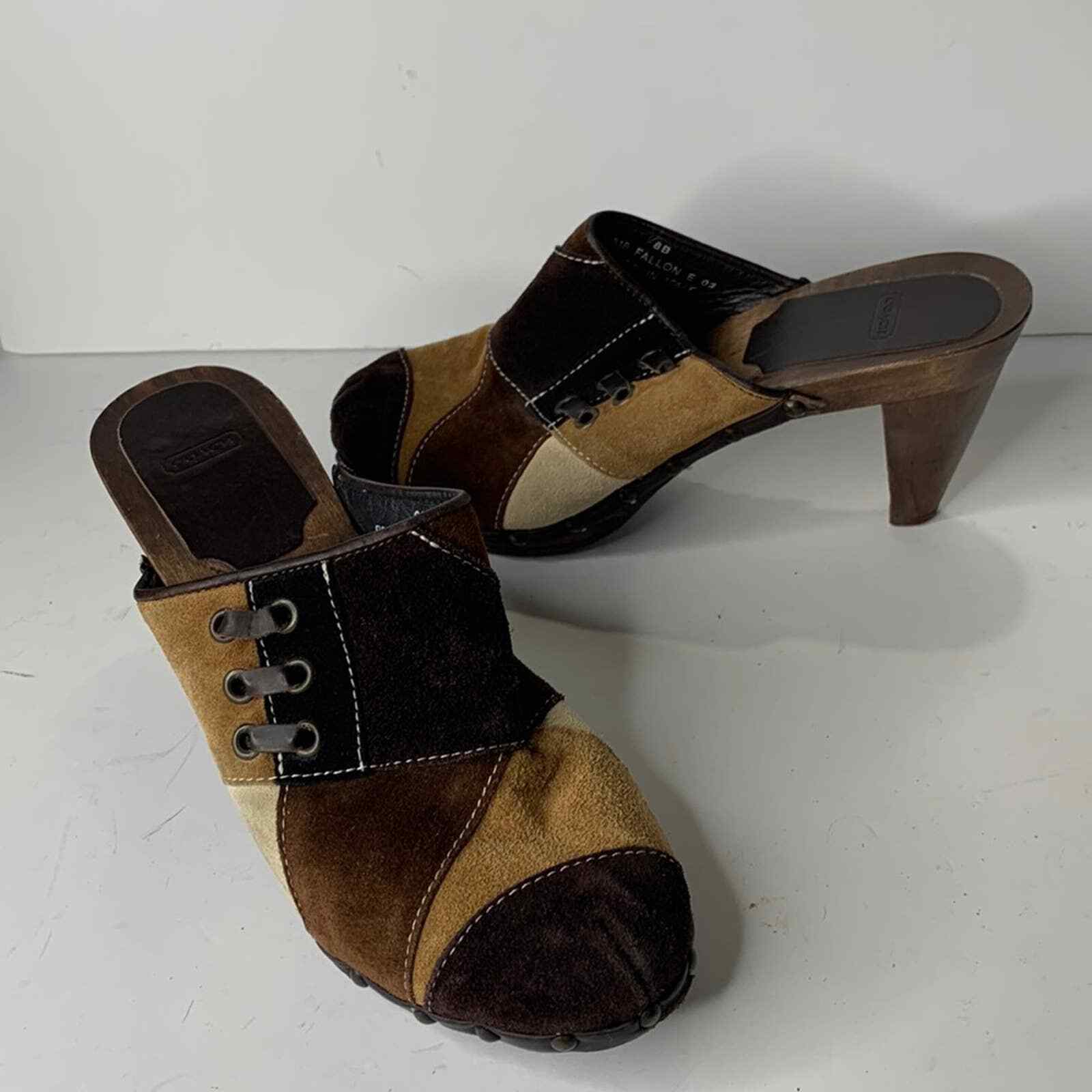 Coach Fallon brown patchwork suede wood heel clogs - Gem