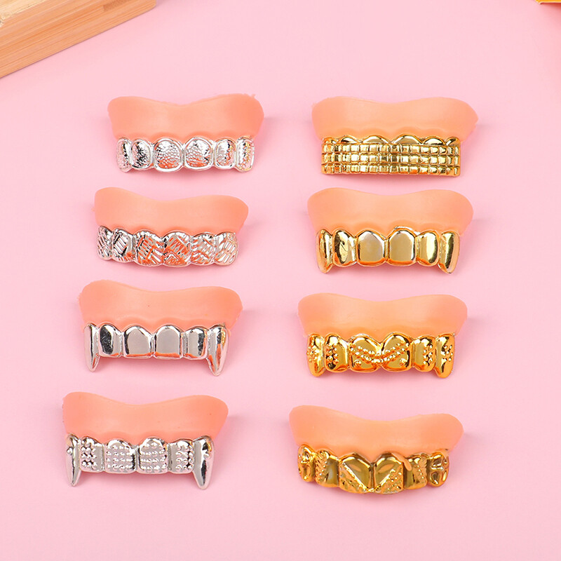 2PCS Halloween costumes electroplated gold and silver false teeth ...