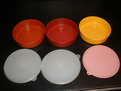 Vntg Tupperware 1405 cereal storage bowls Yellow Orn. Rust Red Made in ...