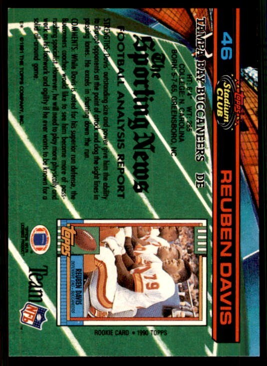1991 TOPPS STADIUM CLUB FOOTBALL CARD TAMPA BAY BUCCANEERS #46 REUBEN ...