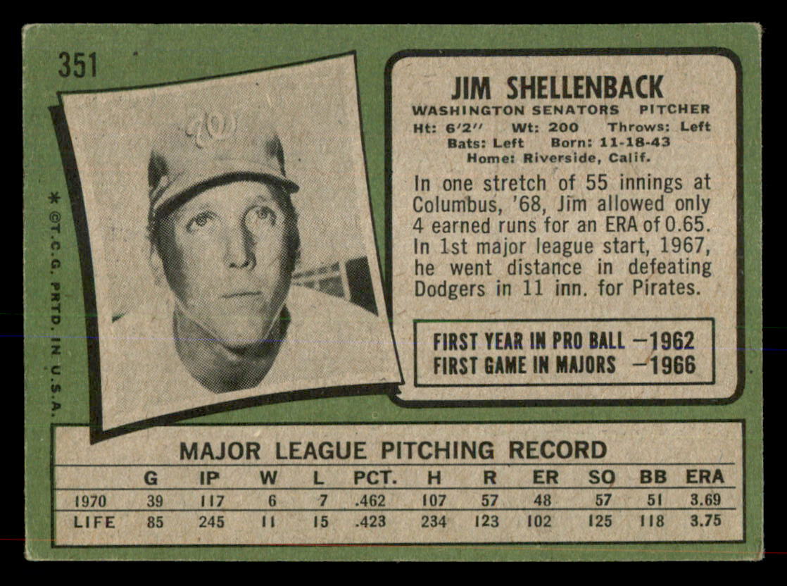 1971 Topps Baseball #351 Jim Shellenback VG | eBay