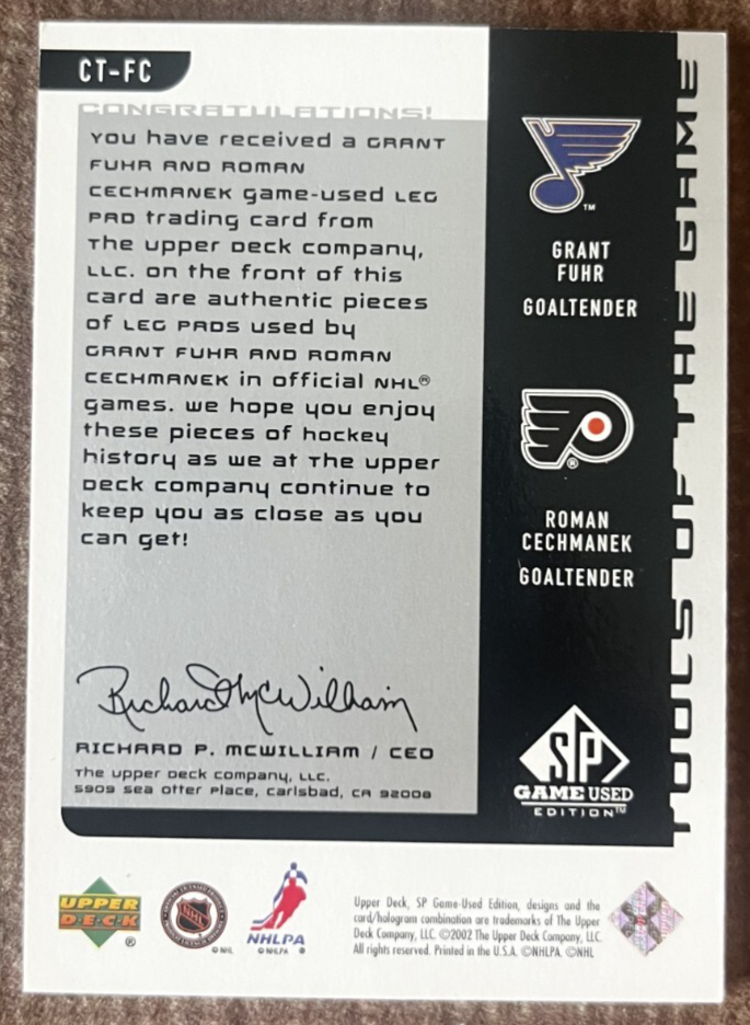 2001-02 UPPER DECK SP TOOLS OF THE GAME-USED LEG PAD GRANT FUHR ...