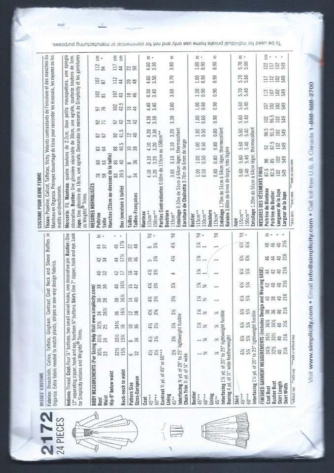 NEW/UNCUT 2172 Simplicity Pattern Misses Victorian Steampunk Costume ...