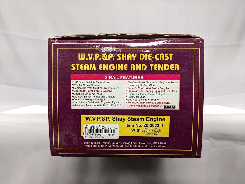 MTH #20-3023-1 W.V.P.&P. Shay Die-Cast Steam Engine & Tender w ...