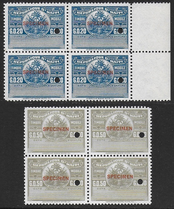 Haiti 1920 Revenue PROOF Timbre Mobile 20c, 50c BLOCKS (Re-issue of ...