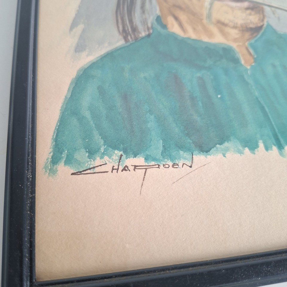Original Watercolor Paintings Pair Portrait Smoker Chinese Framed ...