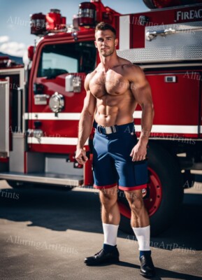 Male Model Photo Print Muscular Handsome Shirtless Firefighter- 447B | eBay