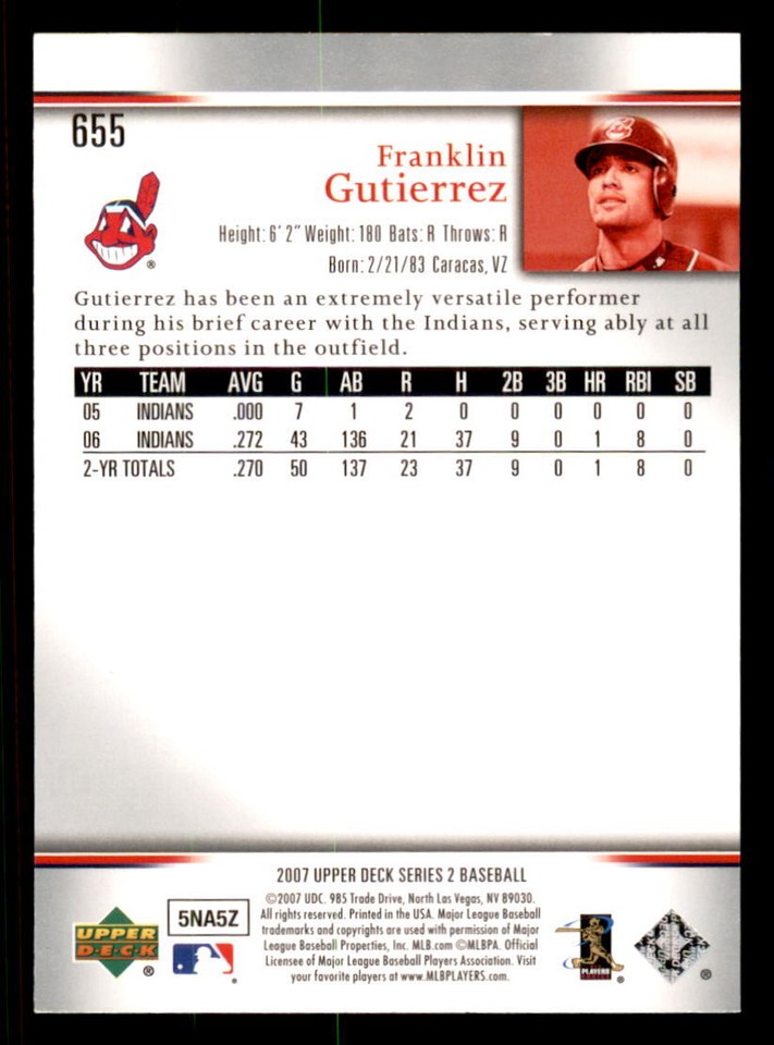 2007 Upper Deck #655 Franklin Gutierrez Cleveland Indians | eBay