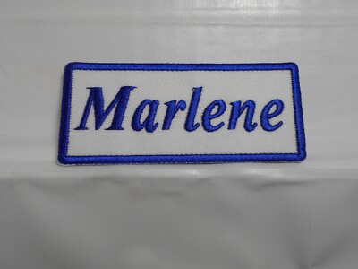 MARLENE NEW EMBROIDERED SEW / IRON ON NAME PATCH BLUE ON WHITE 1-1/2 X ...