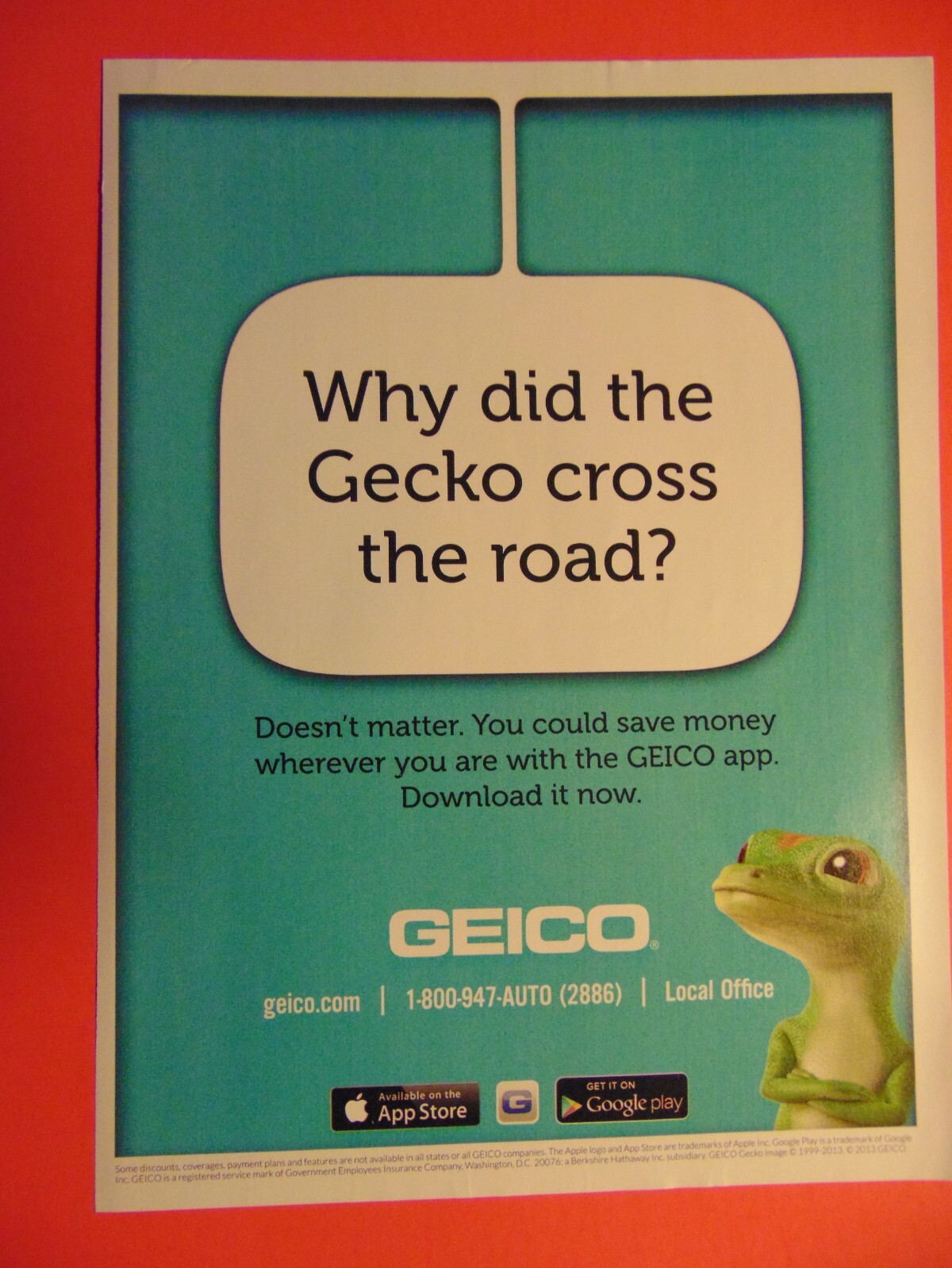 2013 GEICO Why did the Gecko cross the Road? print ad | eBay