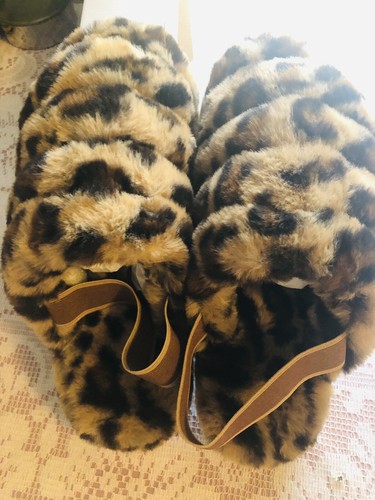 Leopard New Women Fuzzy Slide On House Slippers Open Toe Elastic Back ...