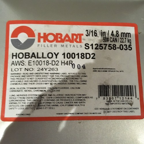 (50lbs) Hobart Hoballoy 3/16" E10018-D2 H4R Low Alloy Steel Welding ...