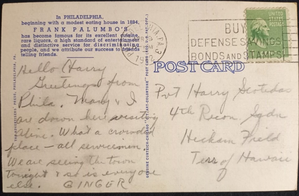 Philadelphia Pennsylvania PA Frank Palumbo Cabaret Restaurant c1940 ...