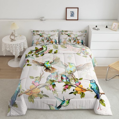 Birds Comforter Set Queen Hummingbird Bedding Set Blue Green Spring ...