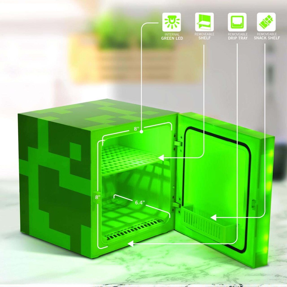 Minecraft Green Creeper Mini Fridge 6.7L 10.4 x 10 x 10 Ambient LED ...