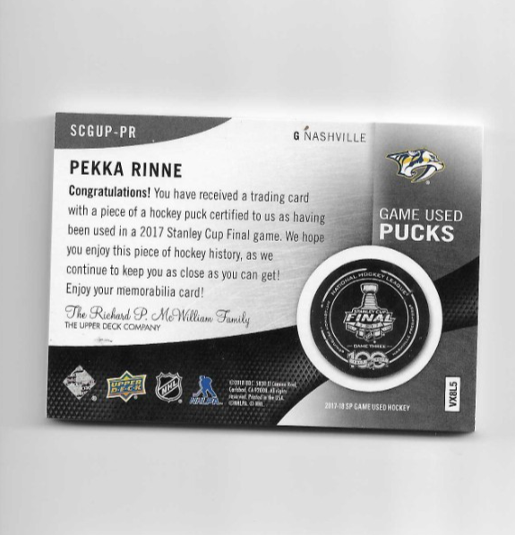2018-19 SP Game Used PEKKA RINNE GU Pucks Stanley Cup Final Puck Relic ...