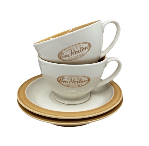Tim Hortons Set of 2 Cups & Saucers Tea Coffee Embossed Logo | eBay