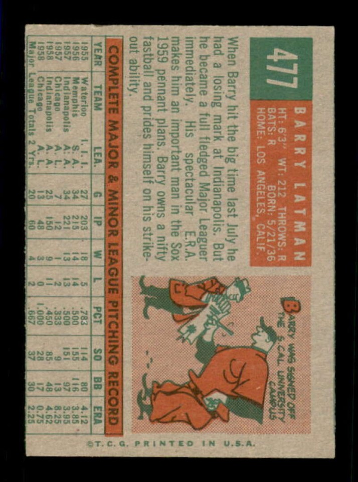 1959 Topps #477 Barry Latman VG/VGEX RC Rookie White Sox 553265 | eBay