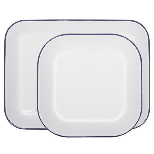 2pc Blue Rectangle White Enamel Baking Tray Set Oven Roasting Bakeware ...
