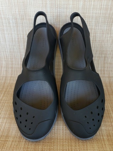 Womens CROCS Iconic Comfort Black Rubber Closed Toe Slingback Flats ...