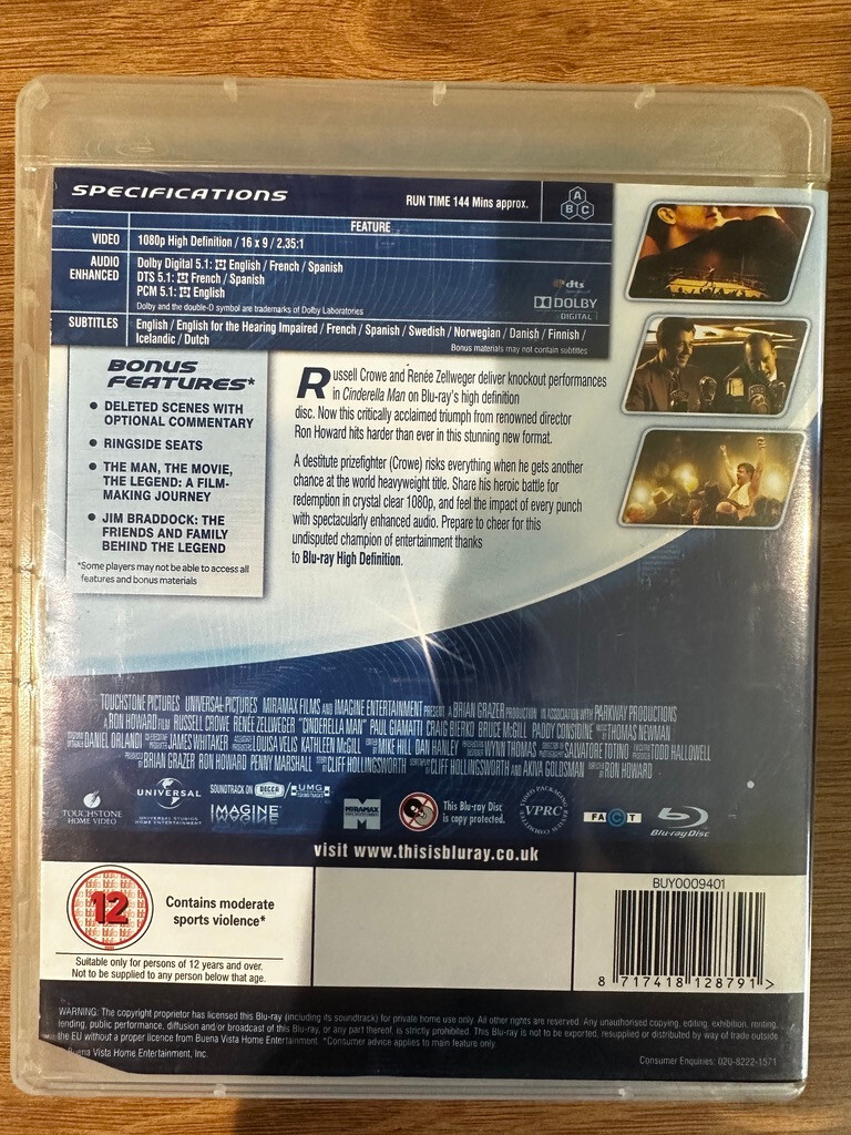 Cinderella Man Blu-ray 2005 Boxing Movie w/ Russell Crowe Region Free ...