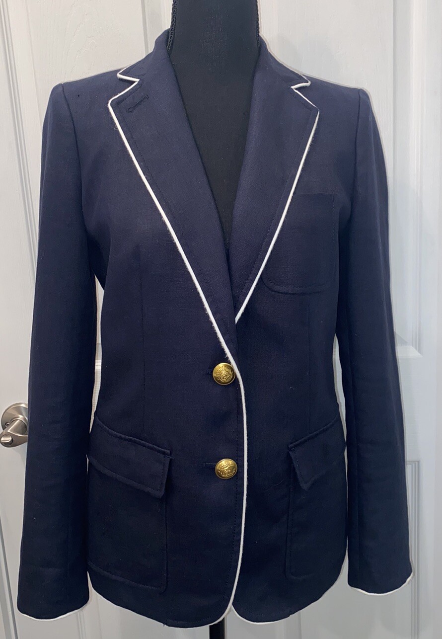 J. CREW Rhodes Blazer 100% Linen Navy Blue Tipped Gold Buttons Women’s Size 4 | eBay