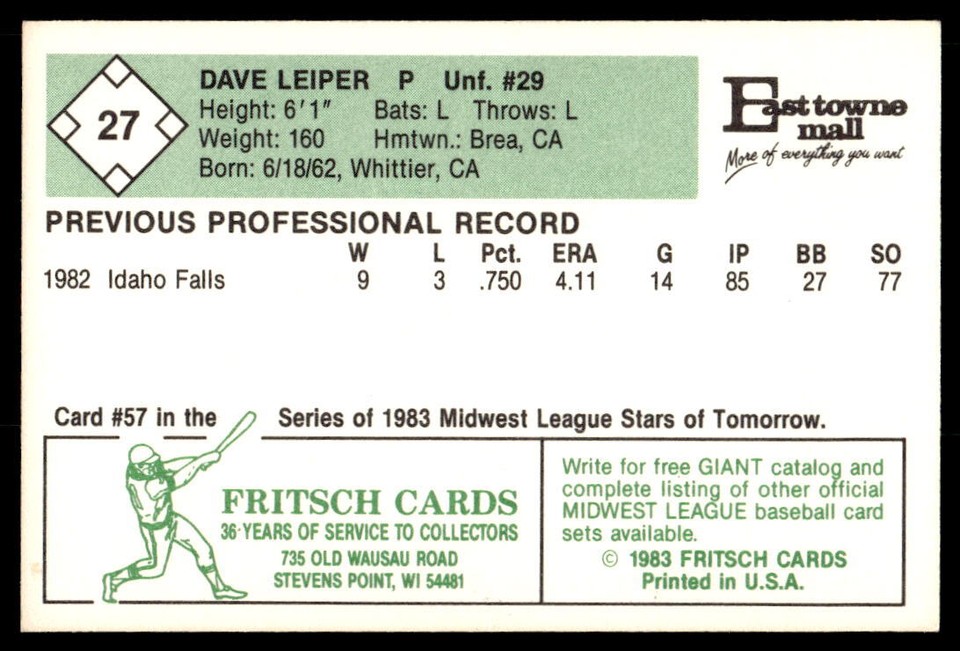 1983 Fritsch Madison Muskies 27 Dave Leiper Baseball Card | eBay