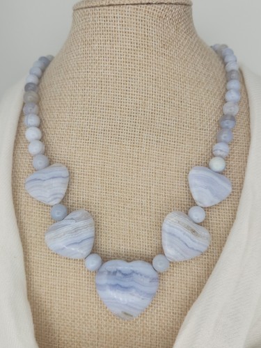 925 Sterling Jay King DTR Blue Lace Agate Heart Necklace 21" Semi-Bib ...