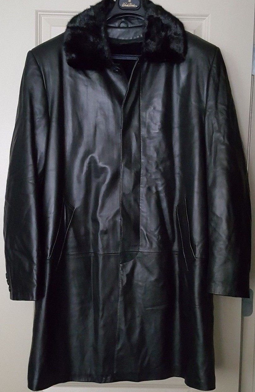 ASL Mens Real Leather Shearling Lambskin Black Trench WARM Coat Size XL ...