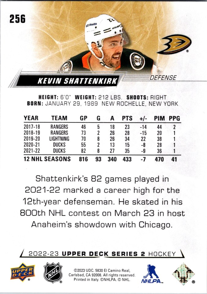 2022-23 Upper Deck Kevin Shattenkirk #256 Anaheim Ducks | eBay