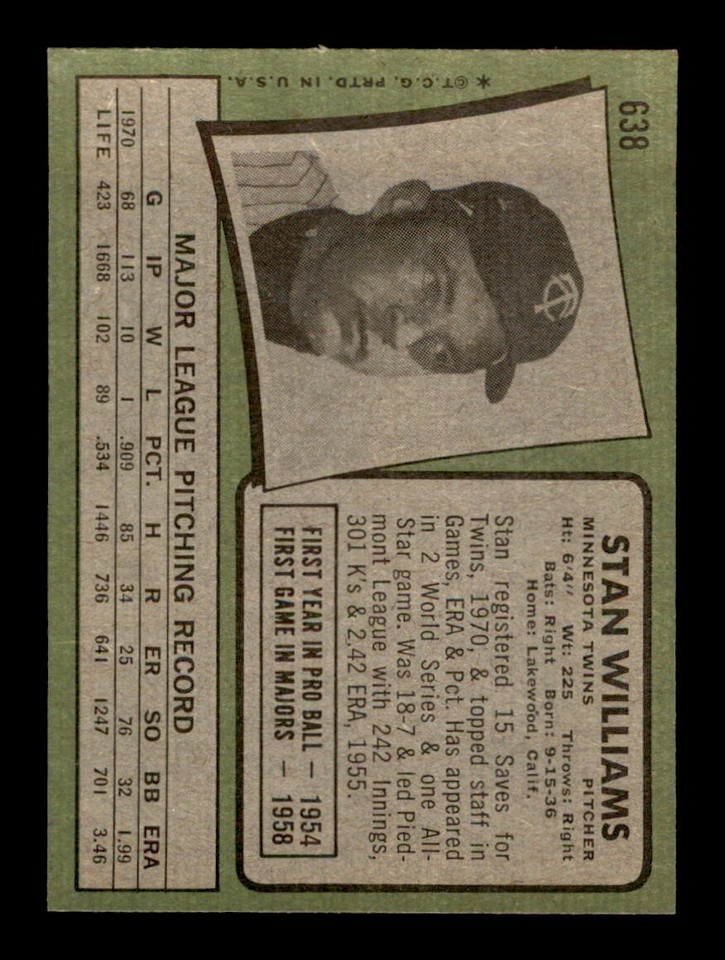 1971 Topps Baseball #638 Stan Williams NM *d2 | eBay