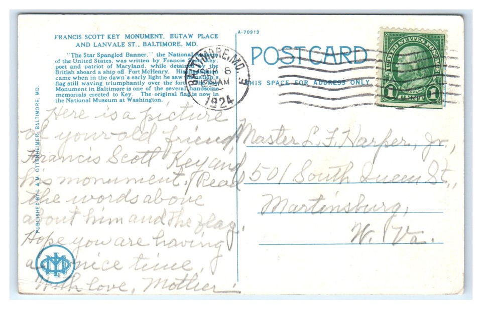 1924 BALTIMORE, MD Postcard- FRANCIS SCOTT KEY MONUMENT EUTAW PLACE ...