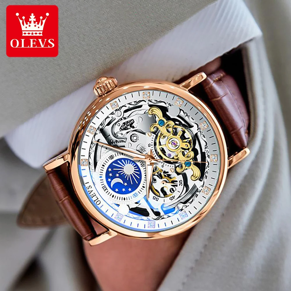 Moon Phase Mechanical Watch Men with Dual Time Zone Display Waterproof ...