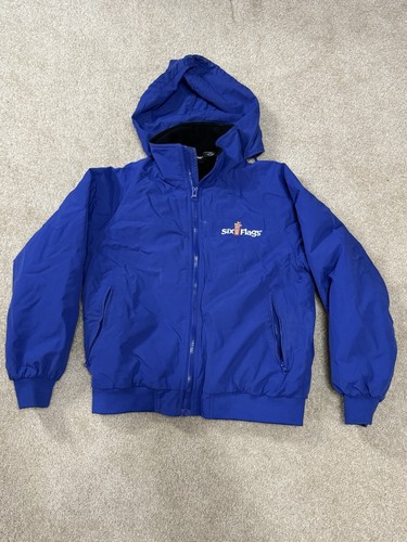 Six Flags Jacket XS Fleece Lined Nylon Shell Blue Full Zip Hood Winter ...